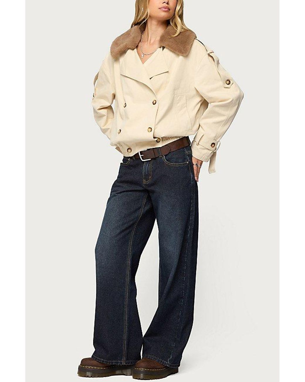 Edikted Detachable Faux Fur Trench Coat Jacket in Natural | Lyst
