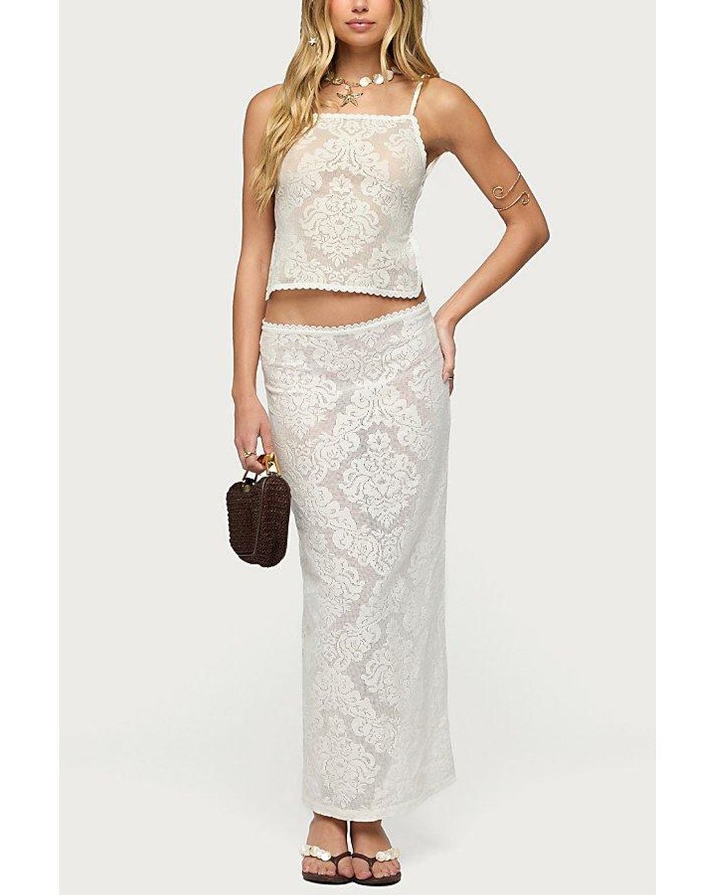 Edikted Violette Sheer Lace Tie Back Top in Natural | Lyst
