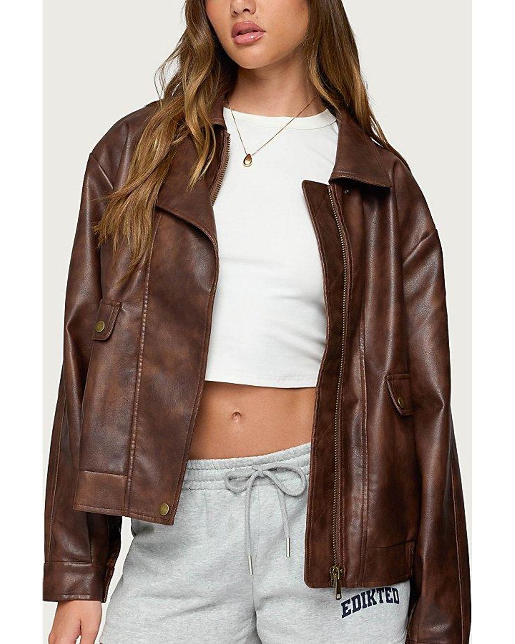 Edikted Ardella Oversized Faux Leather Jacket in Brown | Lyst