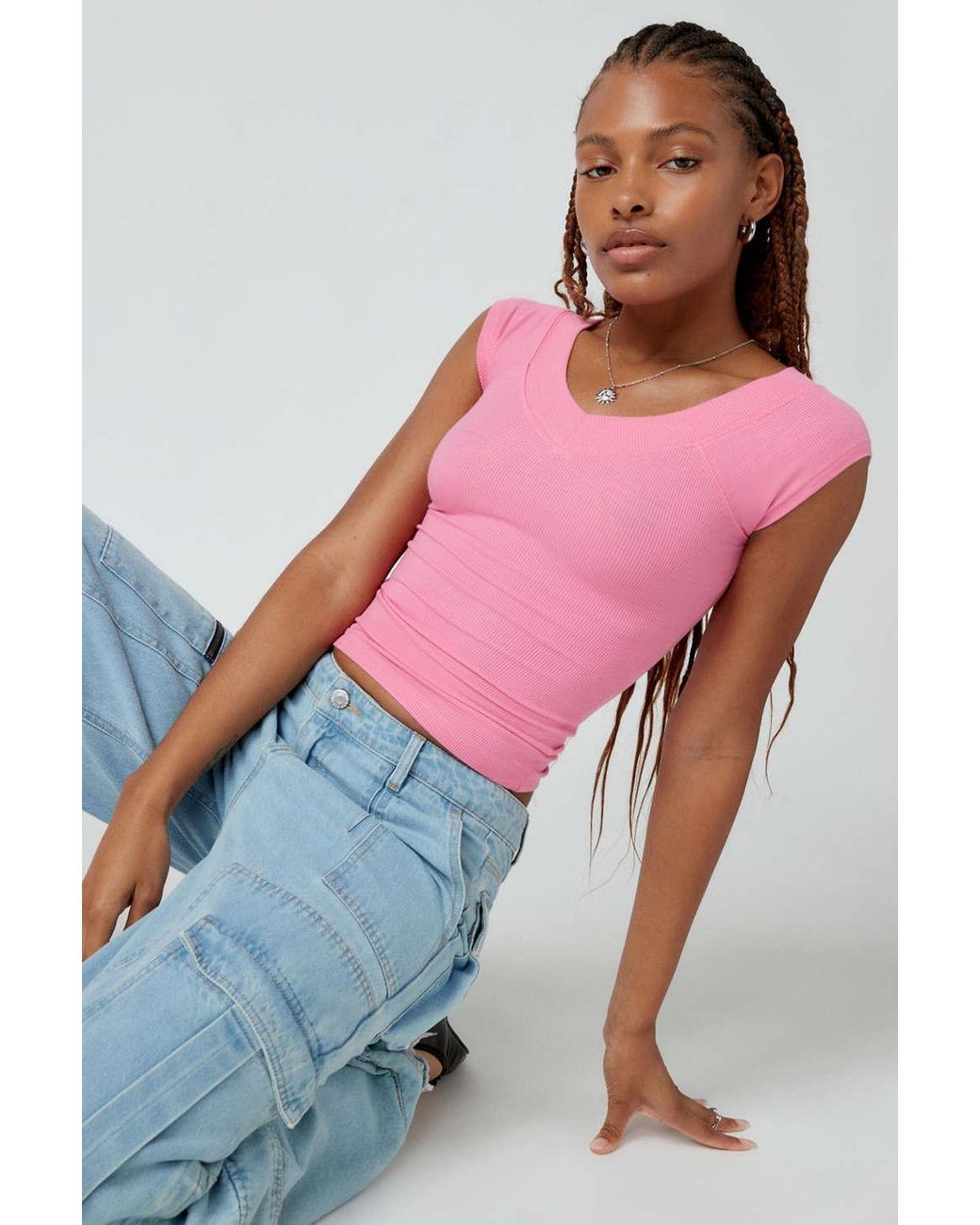 Bdg Shannen Ribbed V Neck Top In Pink Lyst