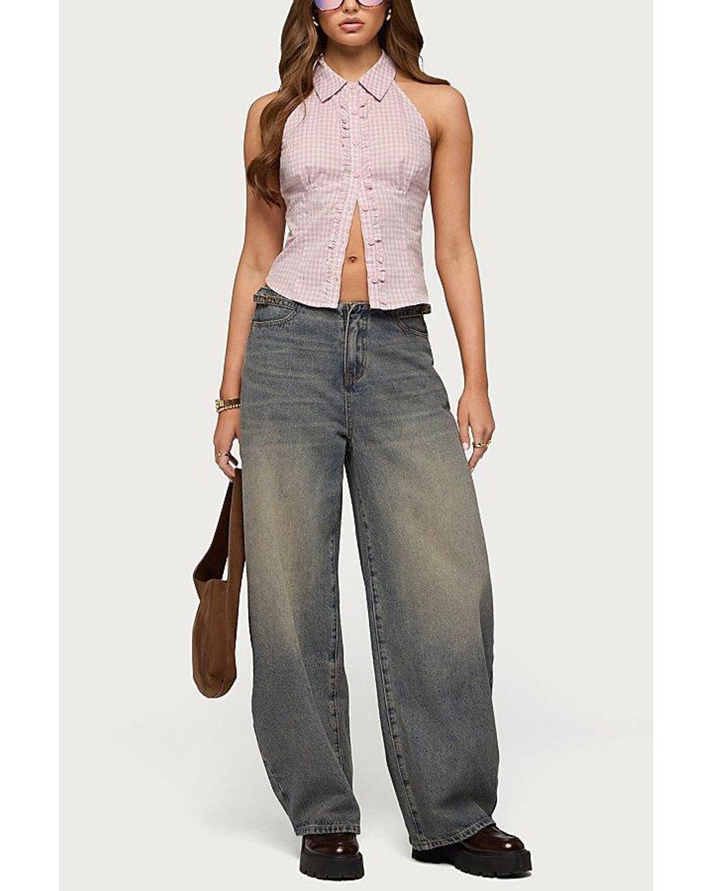 Edikted Side Belt Low Rise Barrel Jean in Gray | Lyst