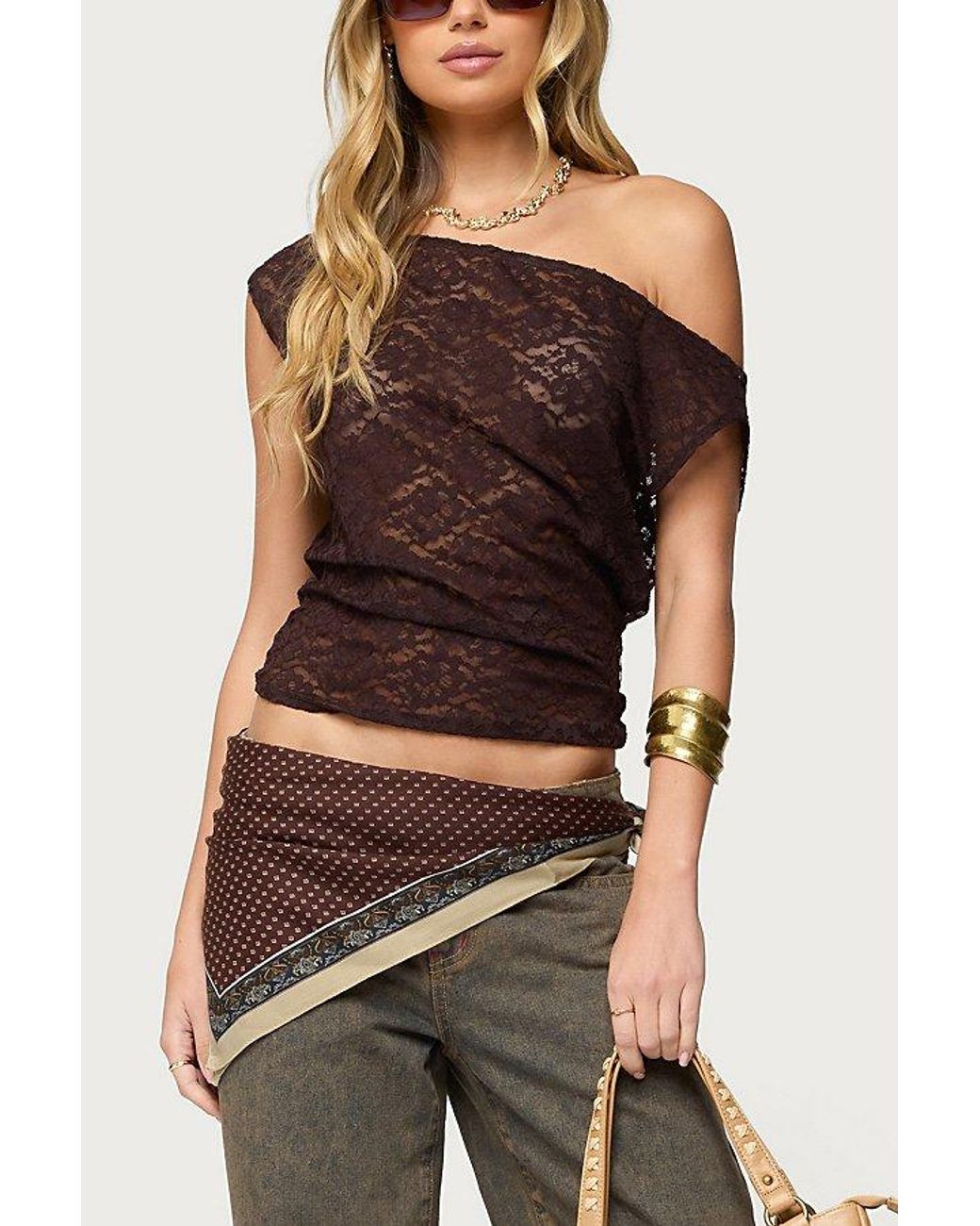 Edikted Kessa Sheer Lace Off Shoulder Top in Brown | Lyst