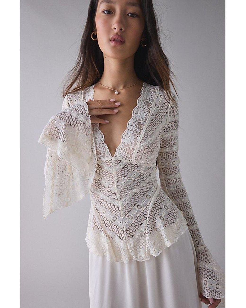 Kimchi Blue Irene Sheer Lace Ruffle Bell Sleeve Top in White | Lyst