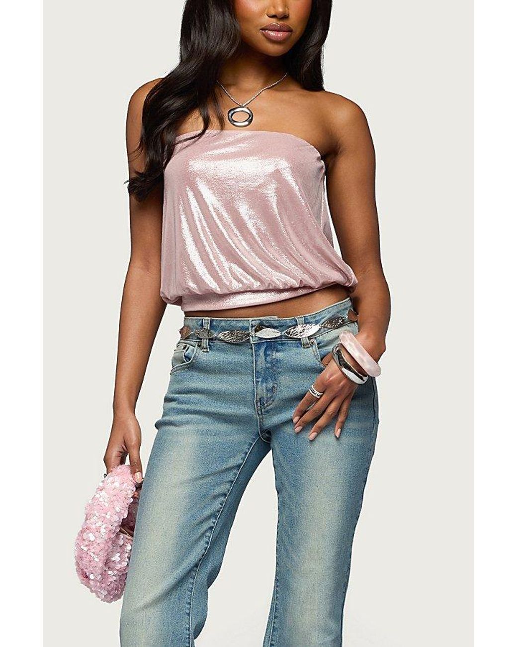 Edikted Leira Silky Sparkly Strapless Top in Blue | Lyst