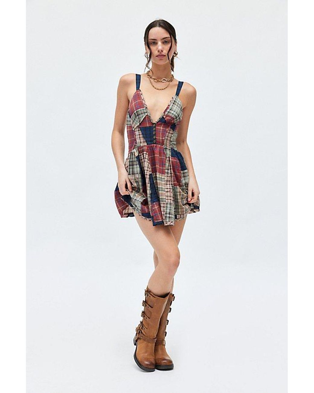 BDG Bryn Plaid Patchwork Fit & Flare Mini Dress in White | Lyst