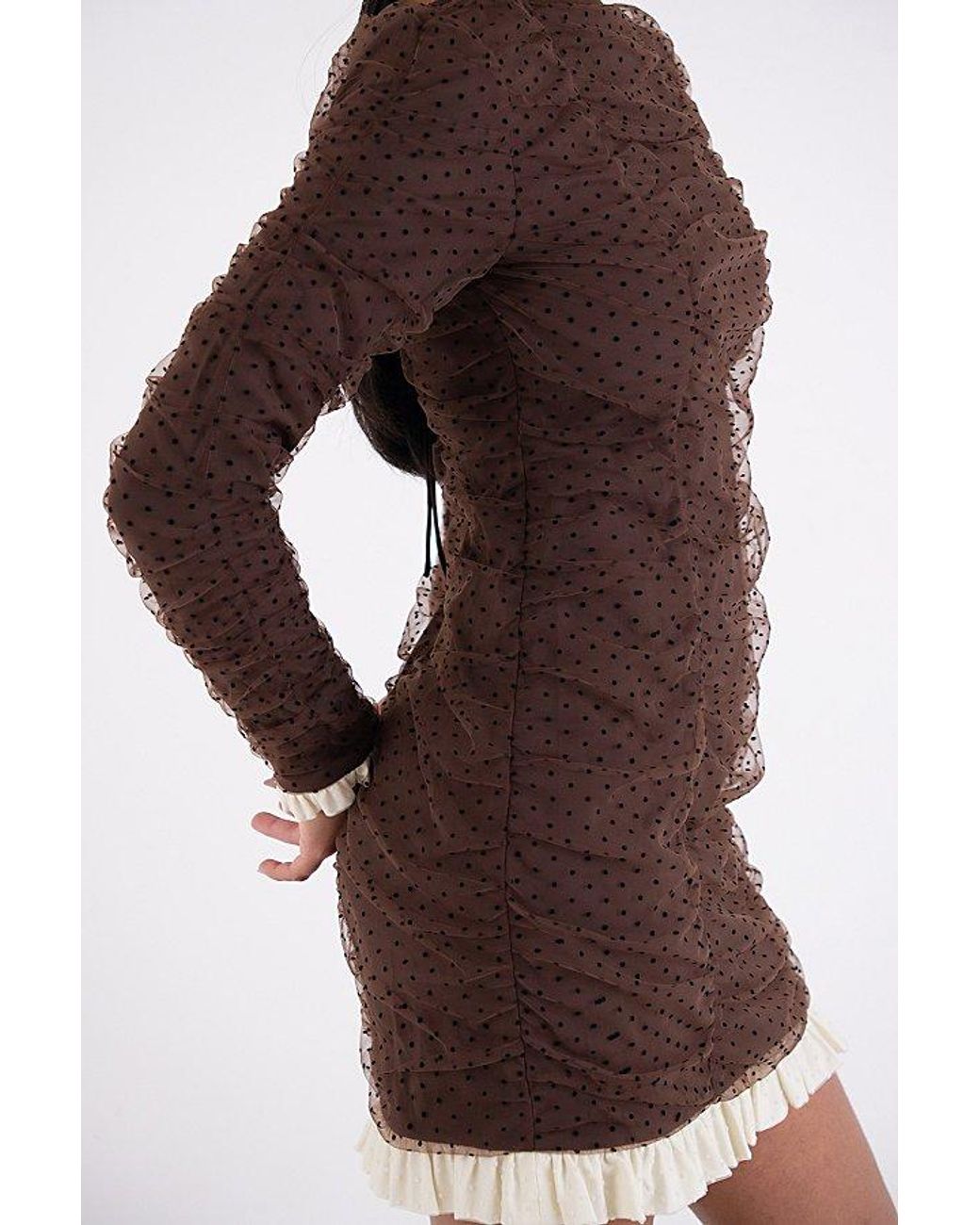 Amy Lynn Edie Polka Swiss Dot Ruffle Hem Mini Dress in Brown | Lyst