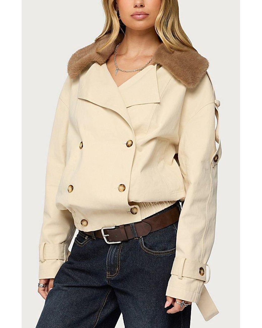 Edikted Detachable Faux Fur Trench Coat Jacket in Natural | Lyst