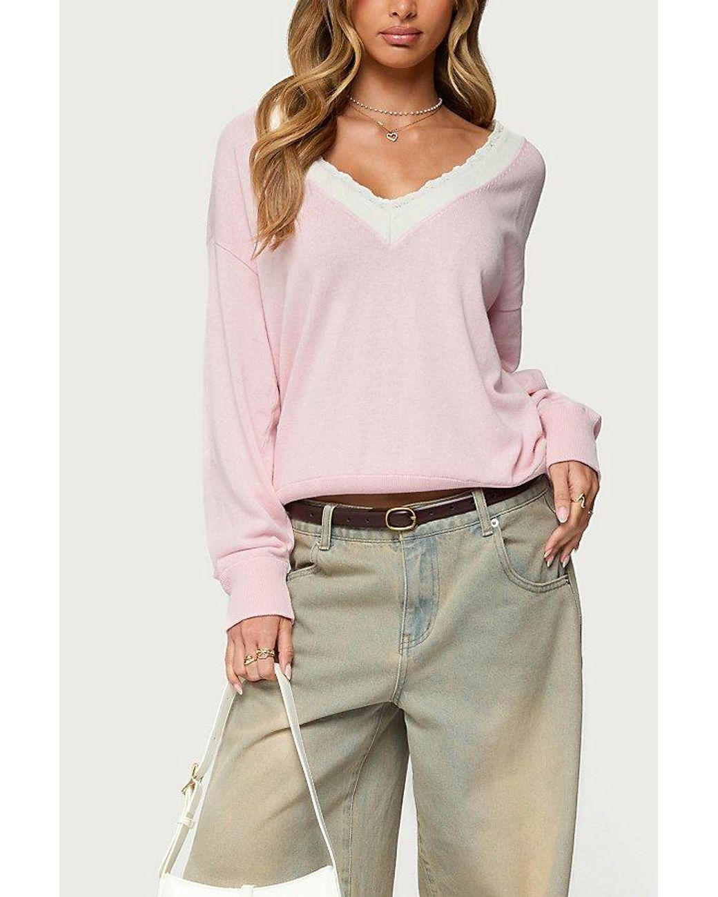 Edikted Marie Contrast Lacey V Neck Sweater in Pink | Lyst