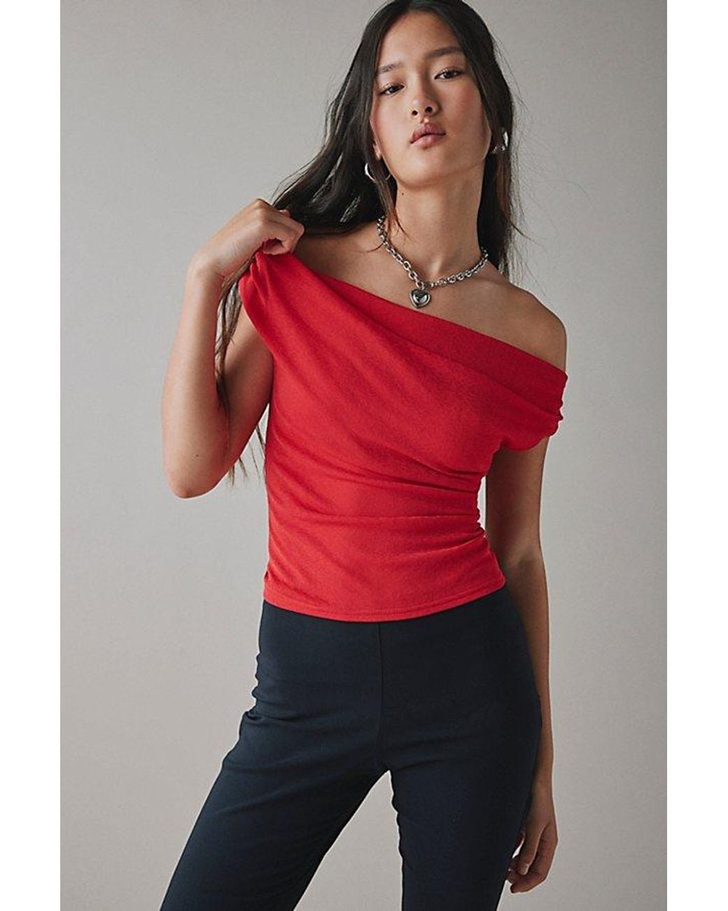 Urban Outfitters Uo Fia Mesh Off-The-Shoulder Crop Top in Red | Lyst