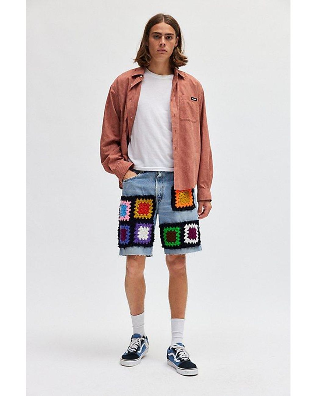 Urban Renewal Remade Levi'S Granny Square Patch Denim Short in Red for ...