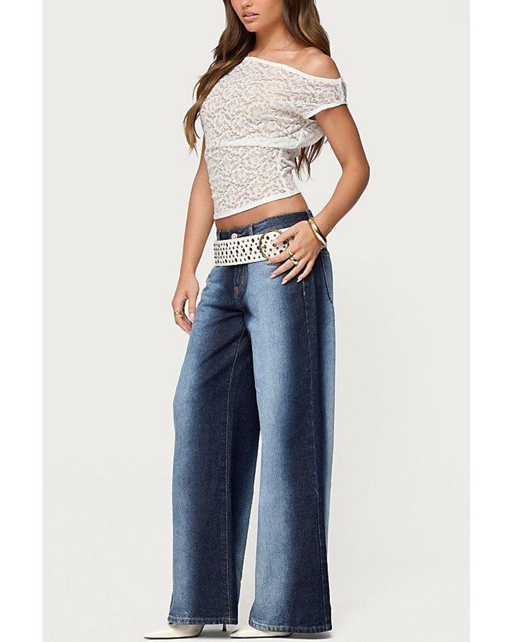 Edikted Kessa Sheer Lace Off Shoulder Top in Brown | Lyst