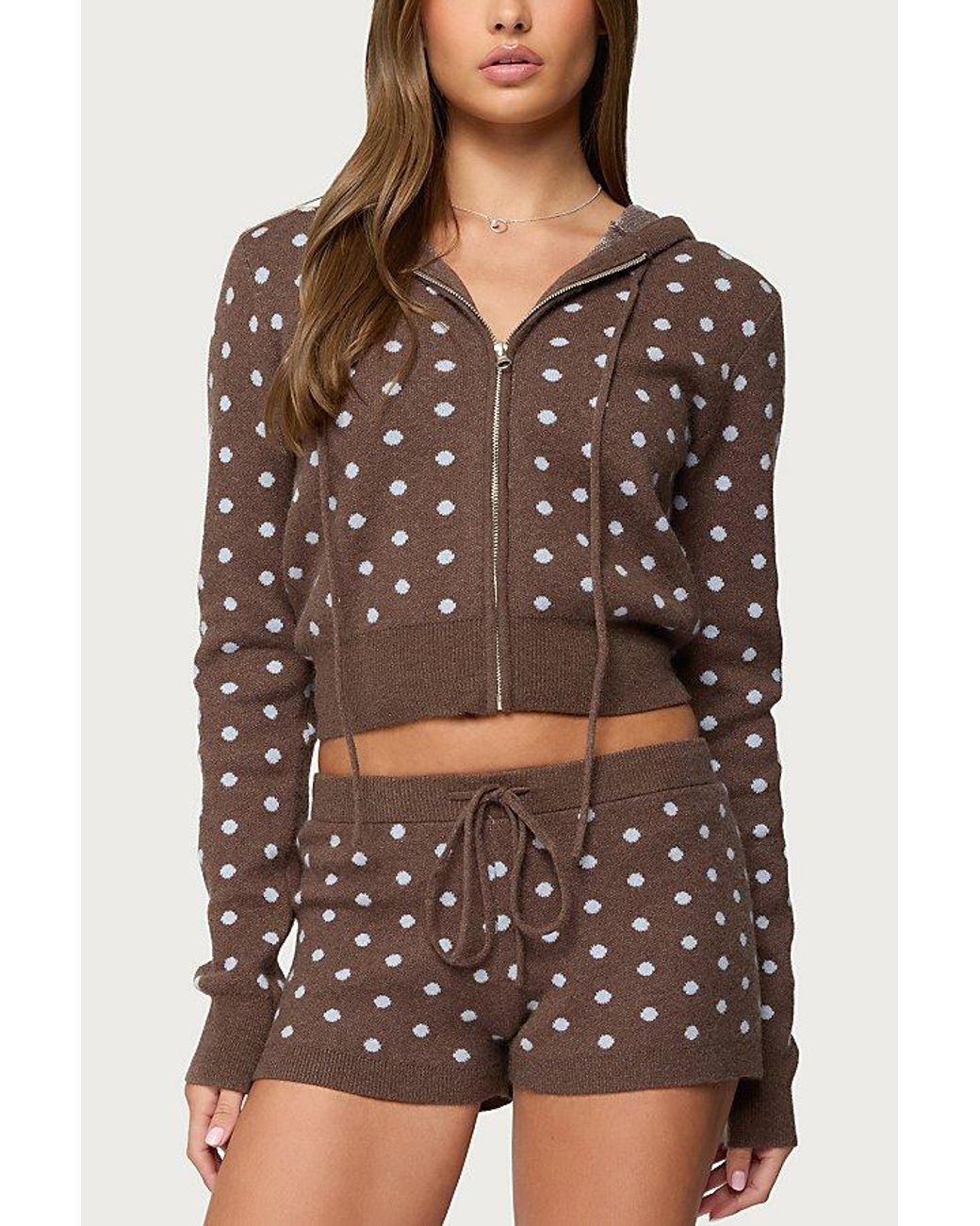 Edikted Kenny Polka Dot Knit Zip Up Hooded Cardigan in Brown | Lyst