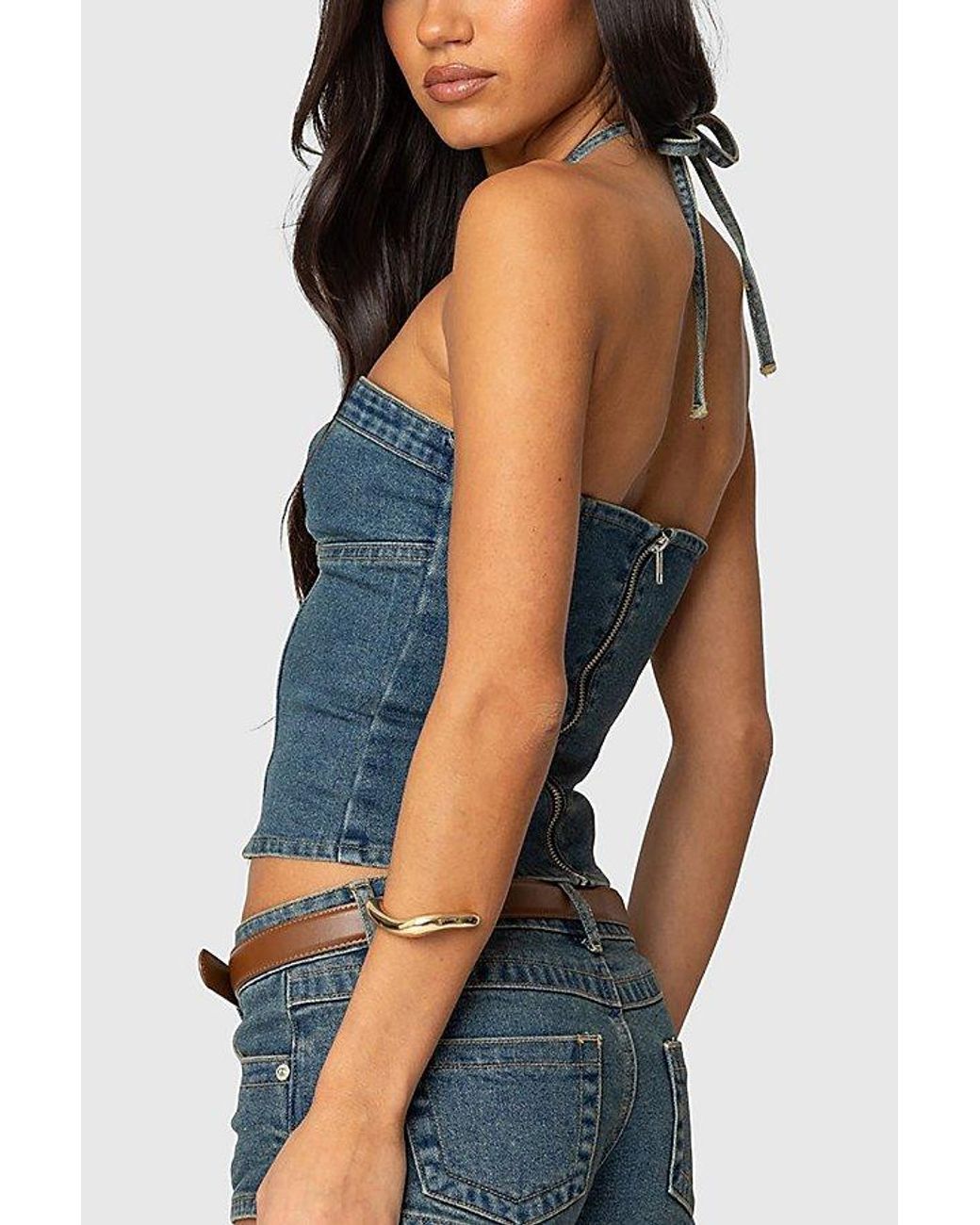 Edikted Jagger Denim Halter Top in Blue | Lyst