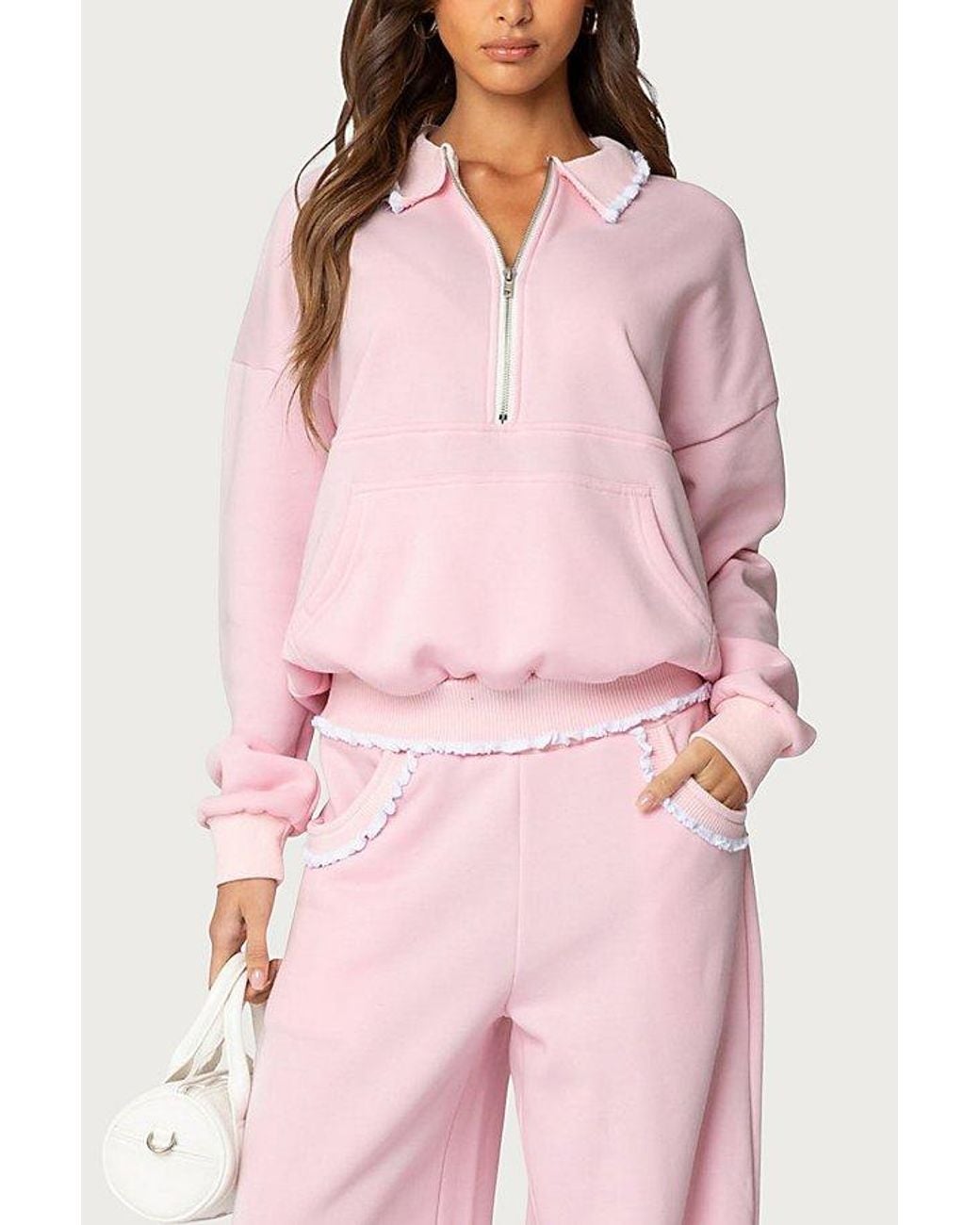 Edikted Ashtin Ruffle Trim Sweatshirt in Pink | Lyst