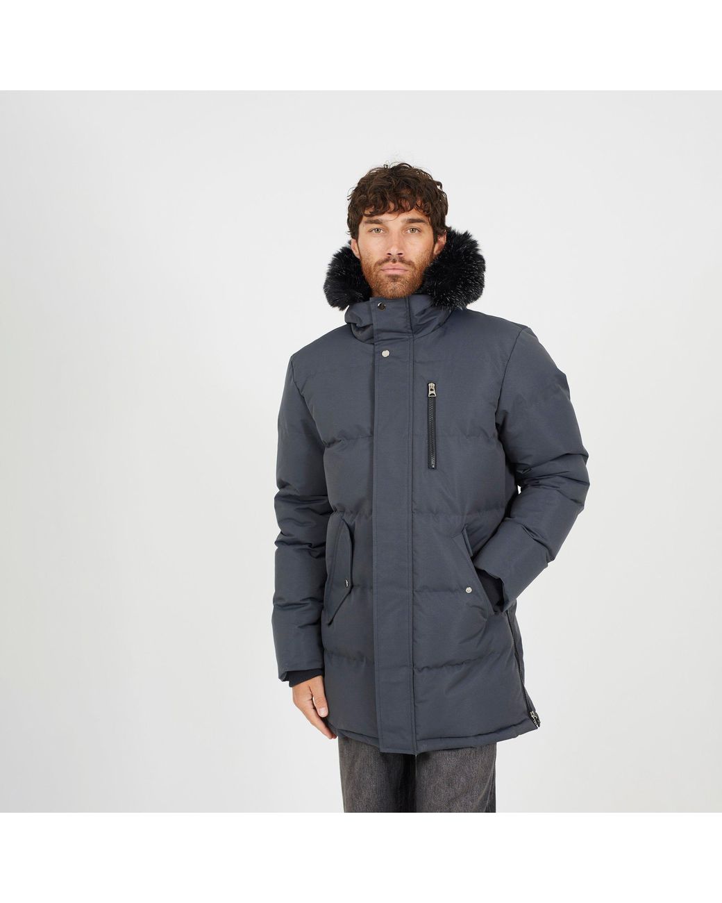 Brave Soul Longline Padded Parka Jacket With Faux Fur Hood in Blue for ...