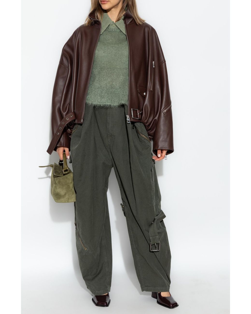 Loewe Oversized Leather Zip-Up Jacket With Belt in Brown | Lyst