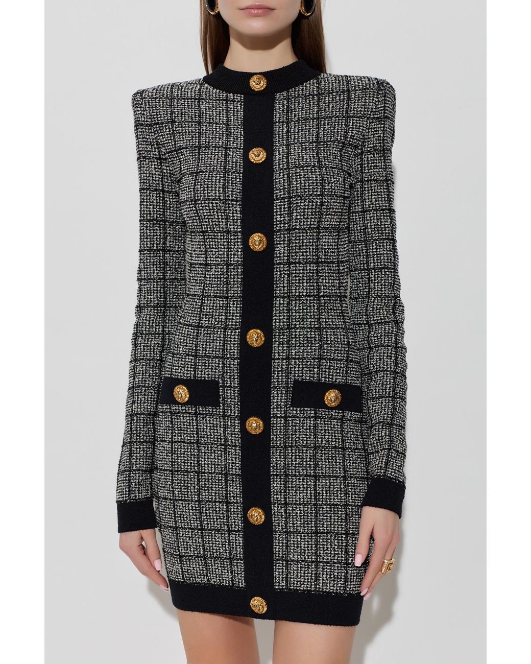Balmain Tweed Dress With Lurex Thread in Black | Lyst UK