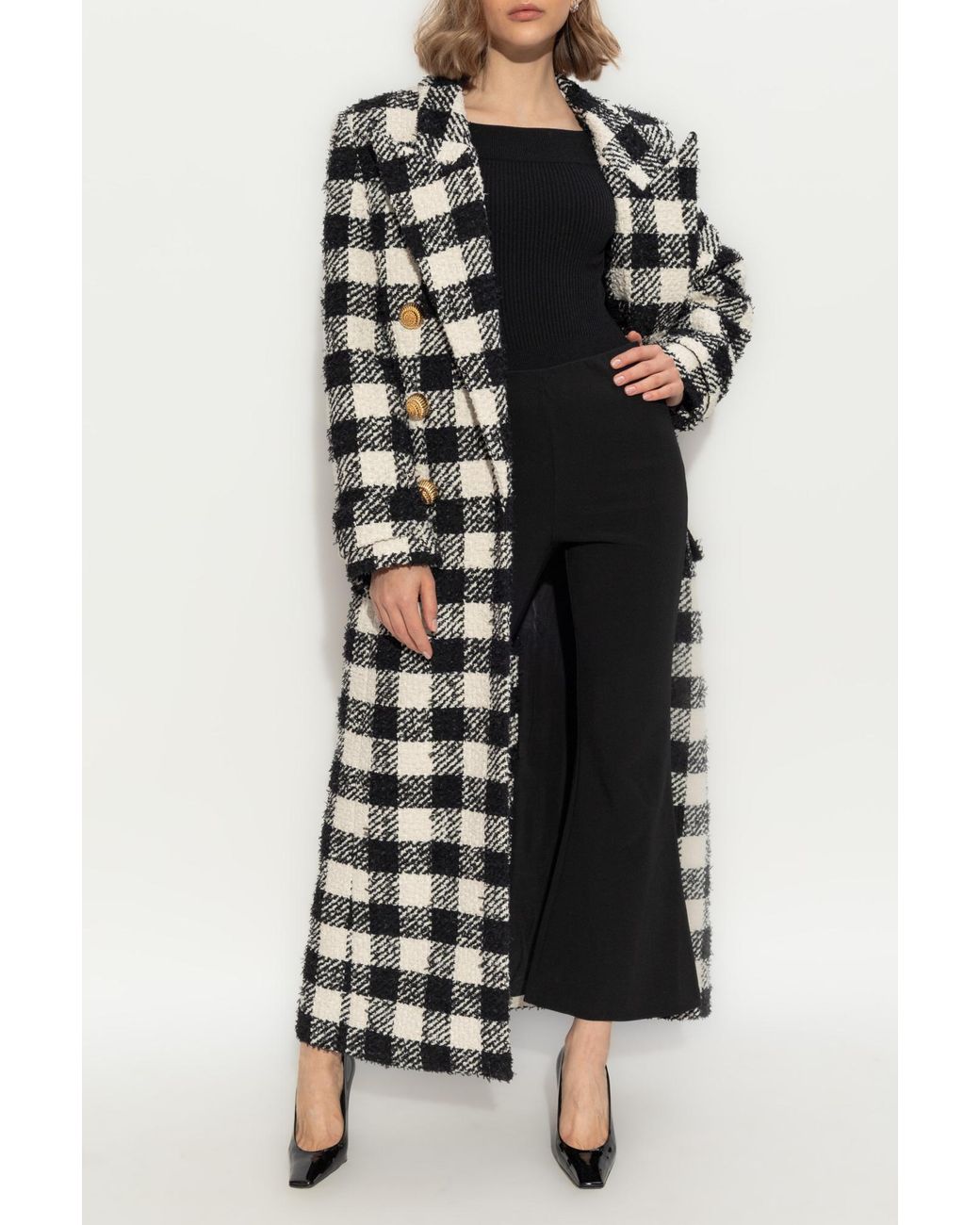 Balmain Tweed Coat With Check Pattern in Black | Lyst