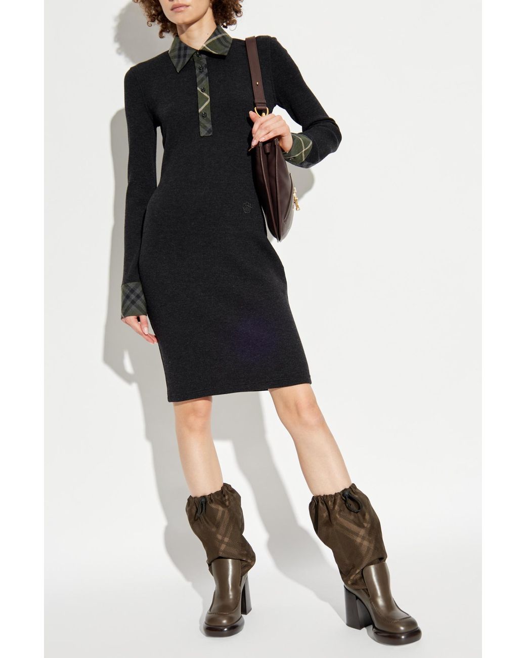 Burberry Fitted Wool Midi Dress With Patterned Trim in Black | Lyst