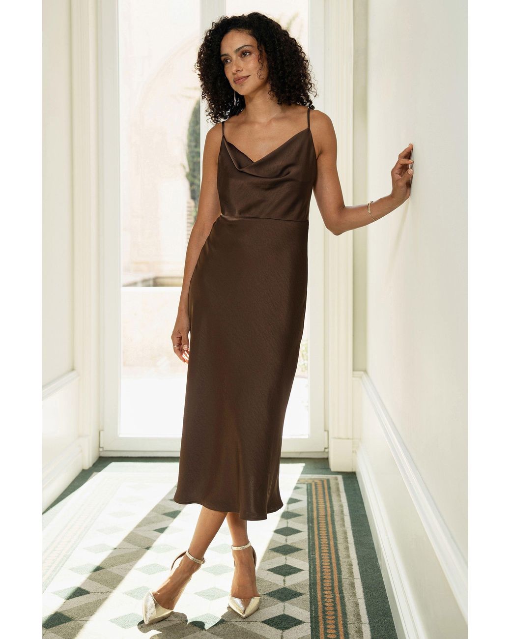 Yumi' Satin Cowl Neck Midi Slip Dress in Brown | Lyst