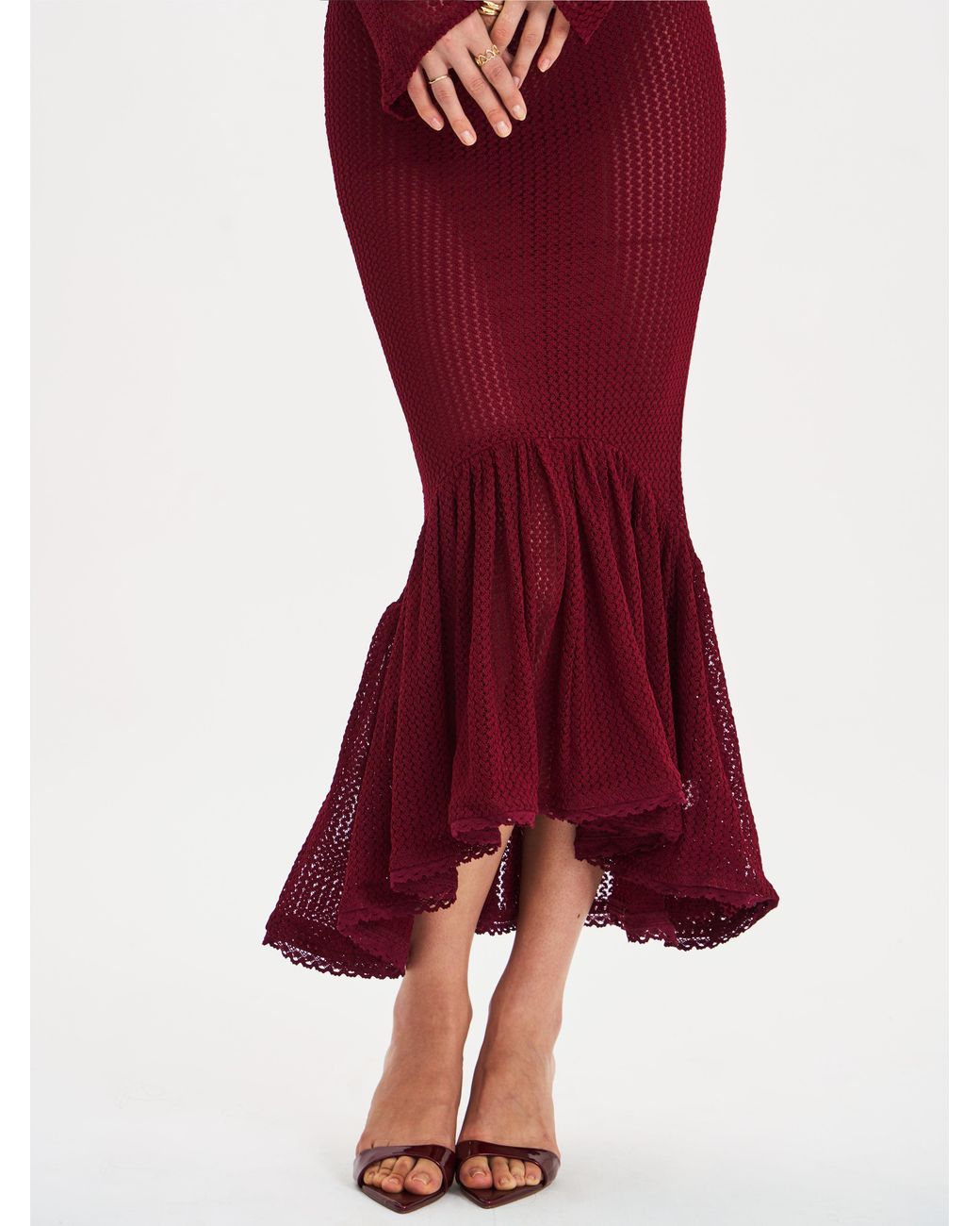 Miss Circle New York Kaedyn Burgundy Off Shoulder Long Sleeve Crochet ...