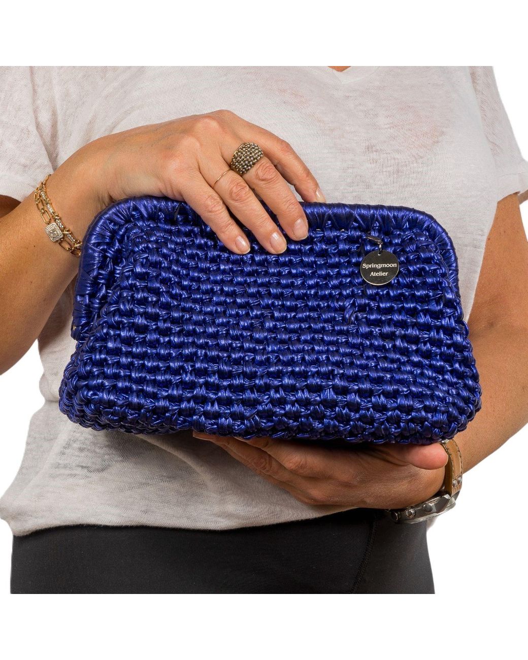 Springmoonatelier Deep Luxury Metallic Crochet Clutch Bag in Blue | Lyst