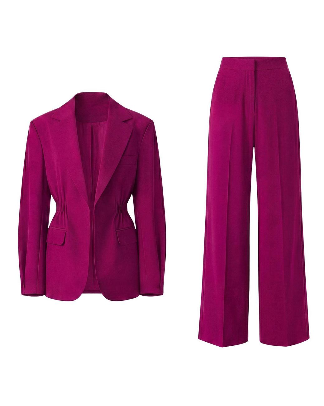 BLUZAT Fuchsia Suit With Waist Accentuated Blazer And Wide-Leg Trousers ...