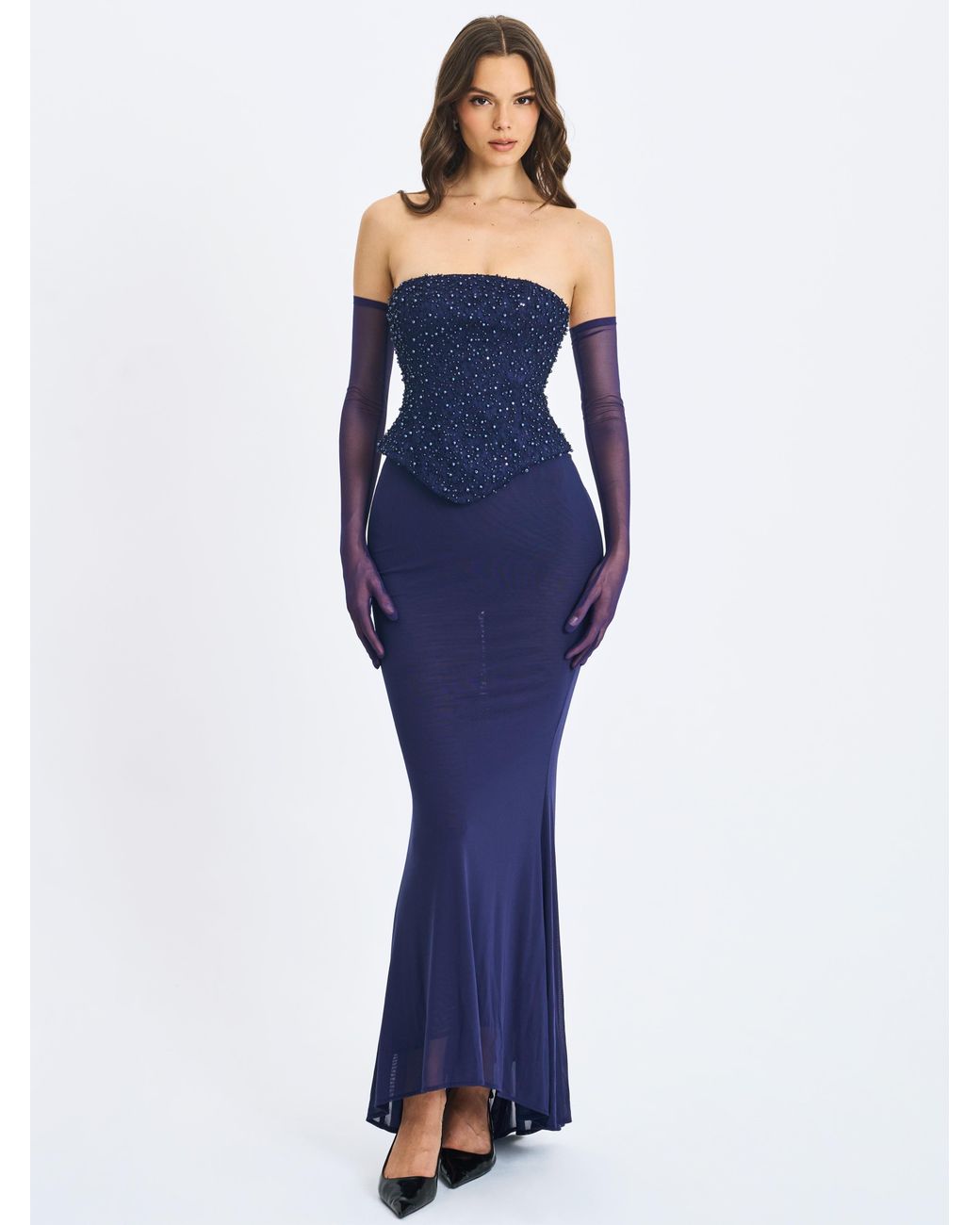 Miss Circle New York Orabelle Beaded Peplum Mermaid Maxi Gown With Lace ...