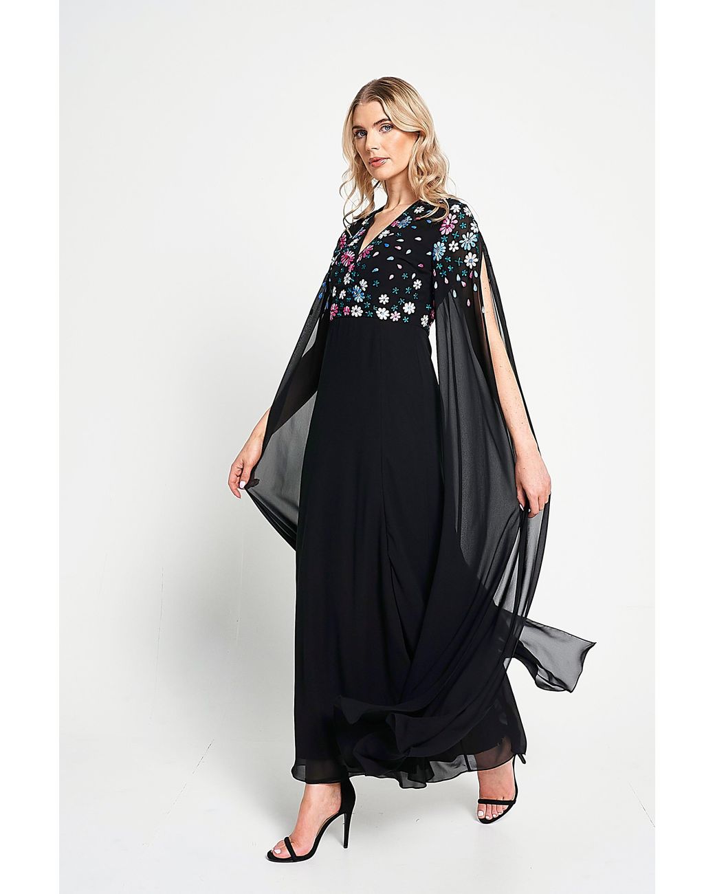 Frock and Frill Mayra Floral Embroidered Cape Sleeve Maxi Dress in ...