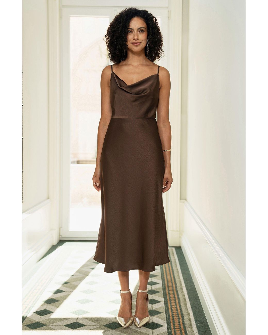 Yumi' Satin Cowl Neck Midi Slip Dress in Brown | Lyst