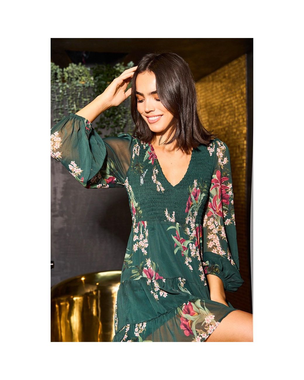 Urban Touch Floral Print Long Sleeve Smock Dress in Green | Lyst