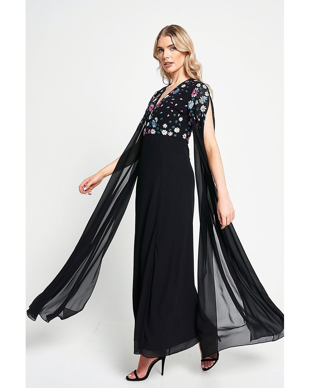 Frock and Frill Mayra Floral Embroidered Cape Sleeve Maxi Dress in ...