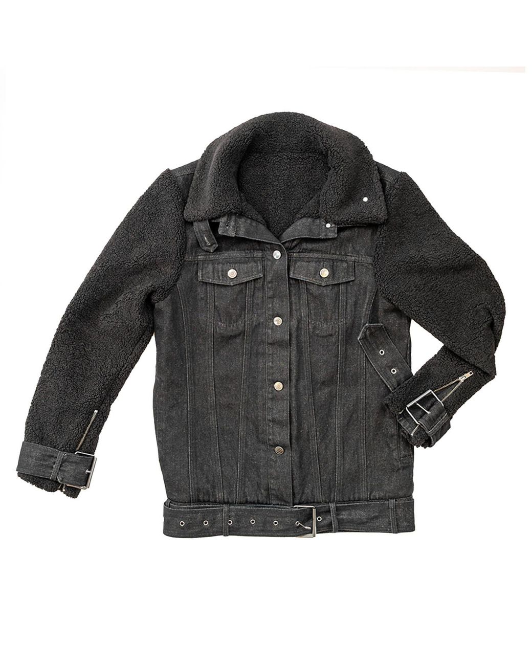 Circular Path Teddy Denim Moto Jacket in Black | Lyst UK