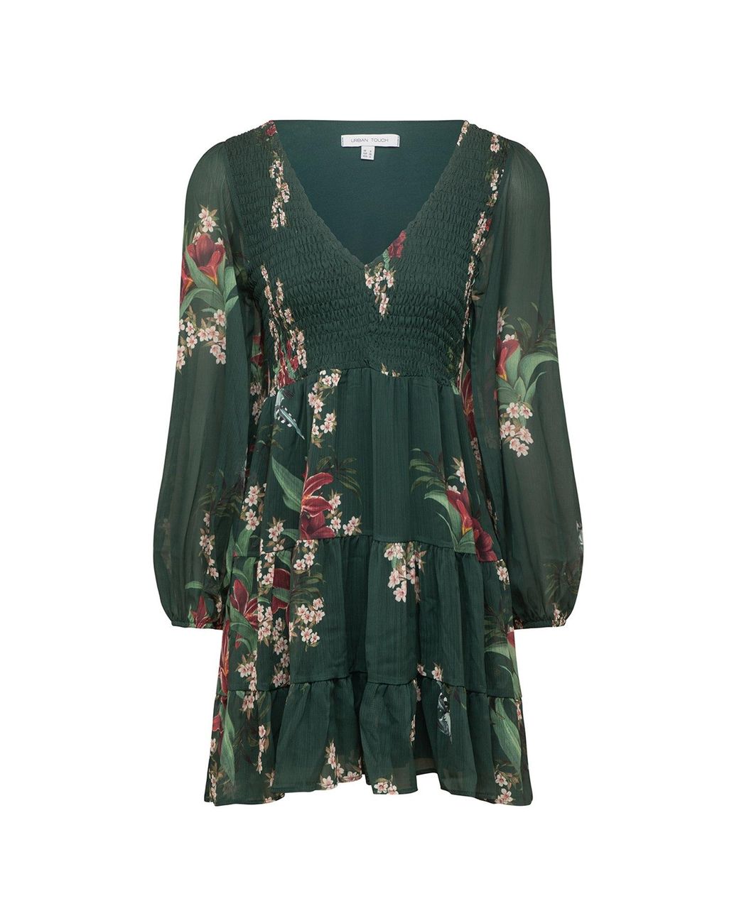 Urban Touch Floral Print Long Sleeve Smock Dress in Green | Lyst