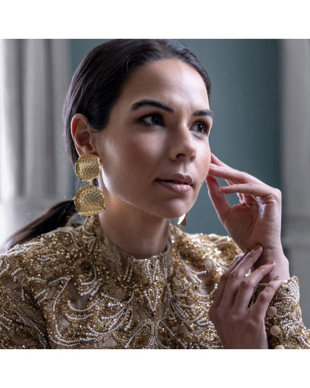 Meraki by Rashmi Bajaj Punched Lilypad Plated Dangle Earrings in ...