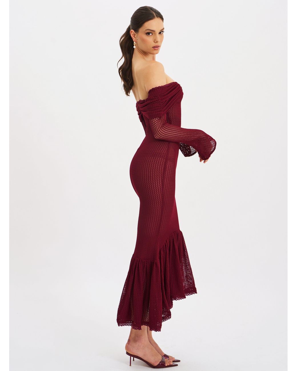Miss Circle New York Kaedyn Burgundy Off Shoulder Long Sleeve Crochet ...