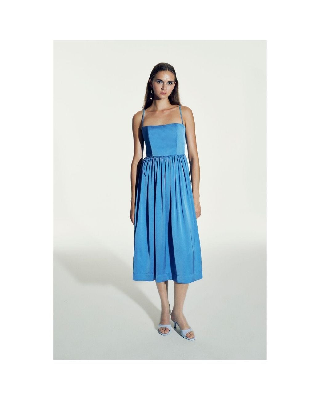 NAZLI CEREN Liette Satin Midi Dress in Blue | Lyst