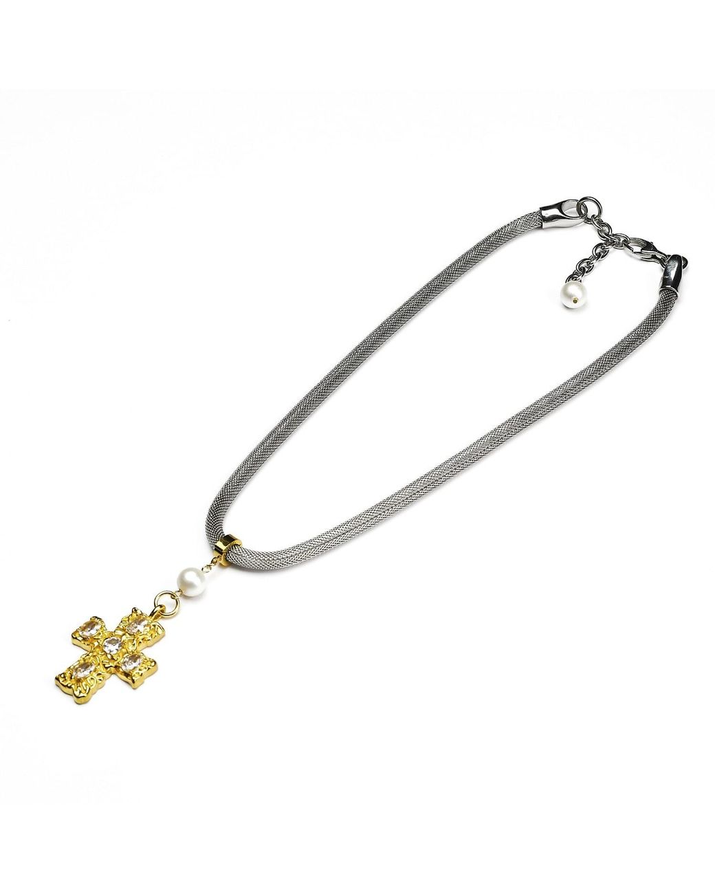 Kirei Cipher – Stainless Steel Mesh Necklace With Cross, Shell Pearl ...