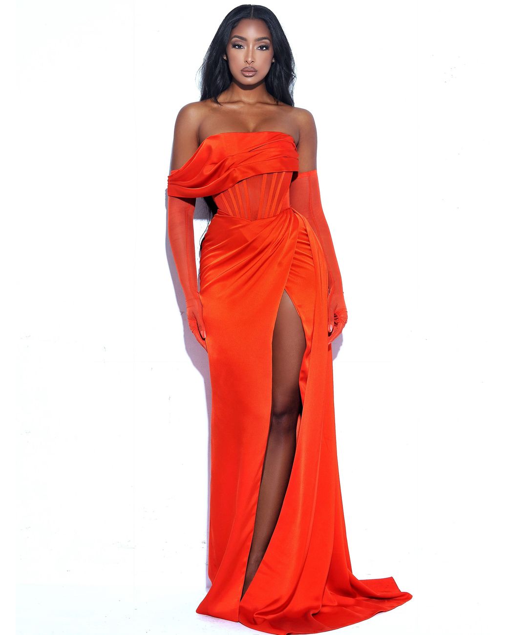 Miss Circle New York Rebeca Poinciana Satin High Slit Corset Gown in ...