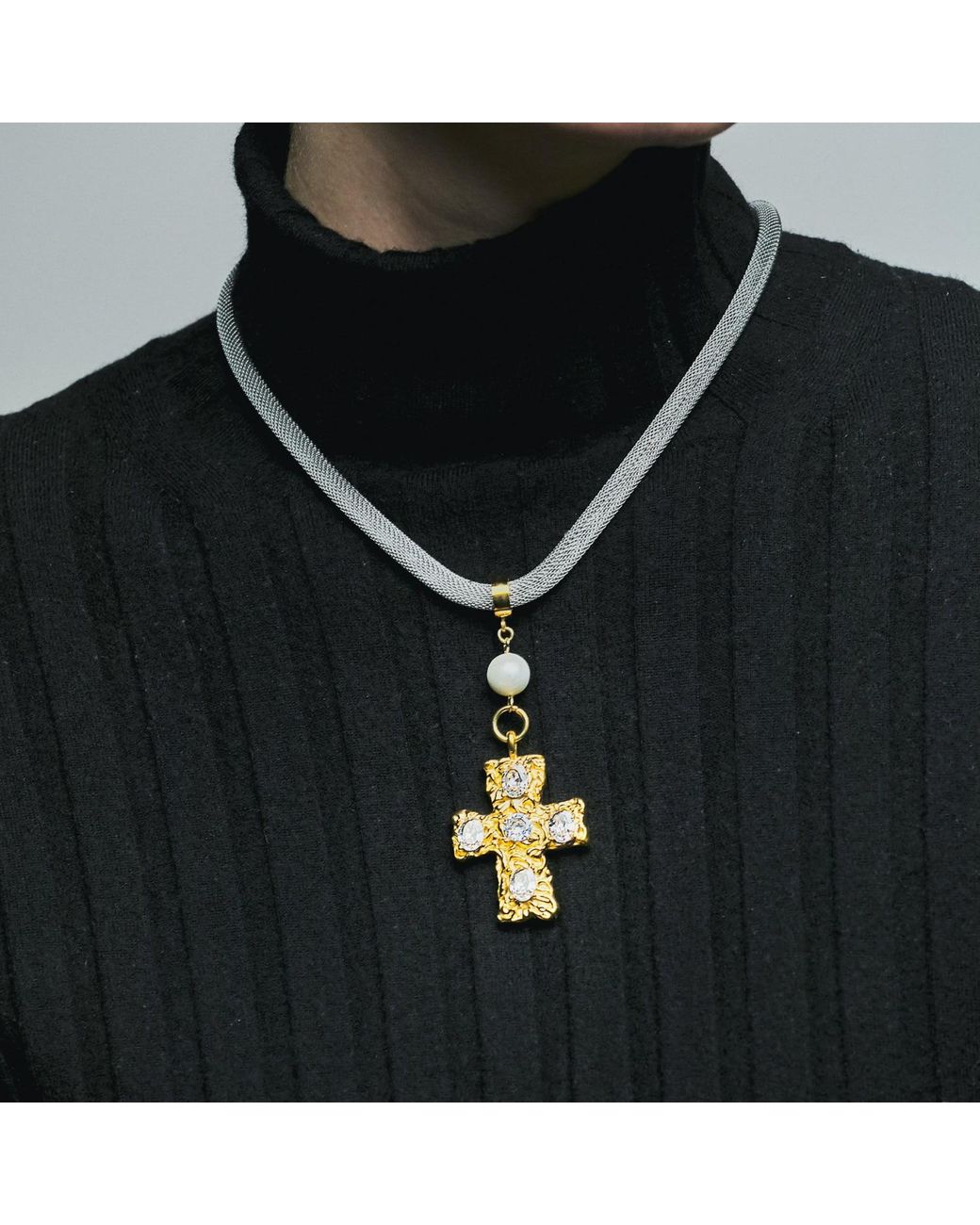 Kirei Cipher – Stainless Steel Mesh Necklace With Cross, Shell Pearl ...