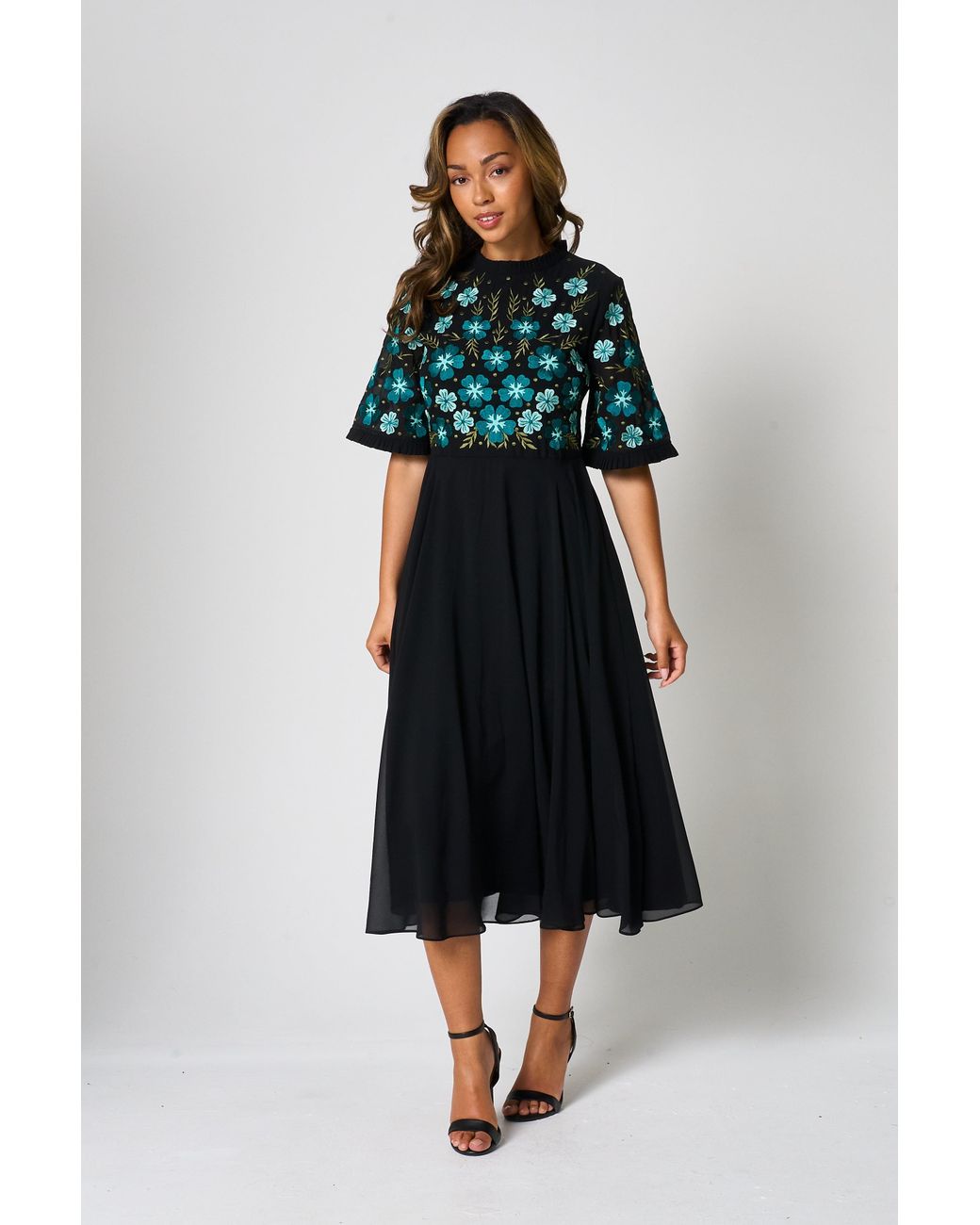 Frock and Frill Nera Floral Embroidered Midi Dress in Black | Lyst