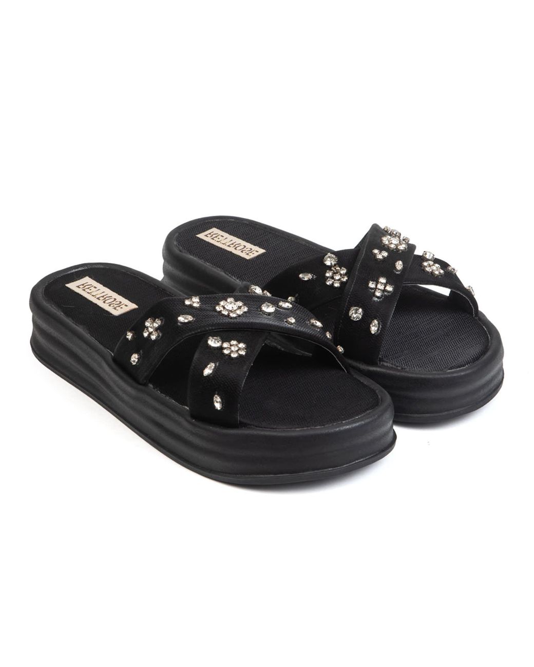 Rettrose The Giana Luxury Cross Over Embellished Slides in Black | Lyst