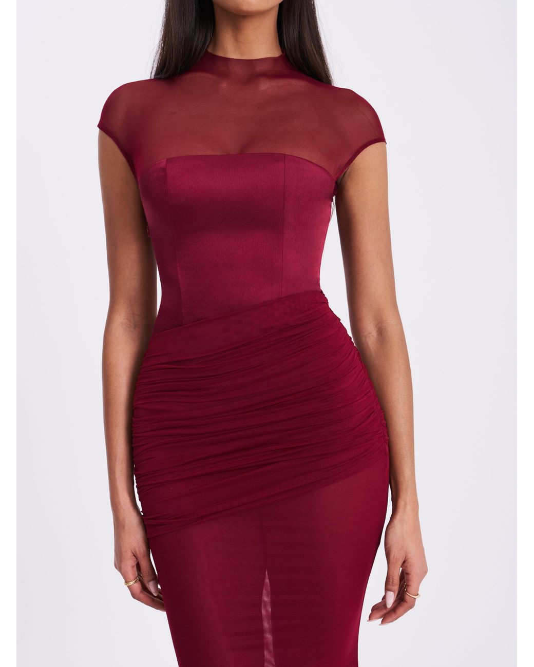 Miss Circle New York Fabienne Burgundy Mesh Cap Sleeve Mermaid Gown in ...