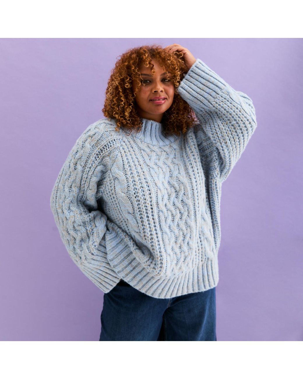 Cara & The Sky Sarah High Neck Cable Wide Sleeve Jumper in Blue | Lyst