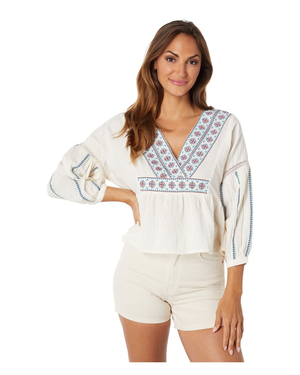 Lucky Brand Embroidered V Neck Peasant Blouse In Gray Lyst