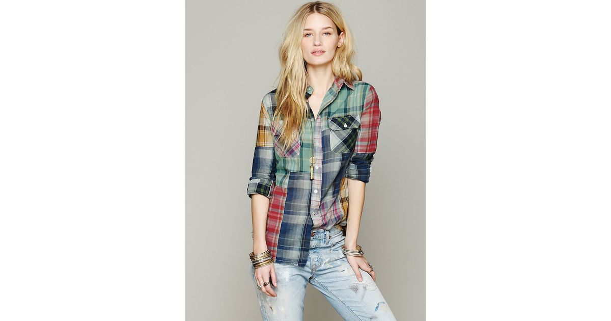Free People Hi Low Patched Plaid Shirt | Lyst