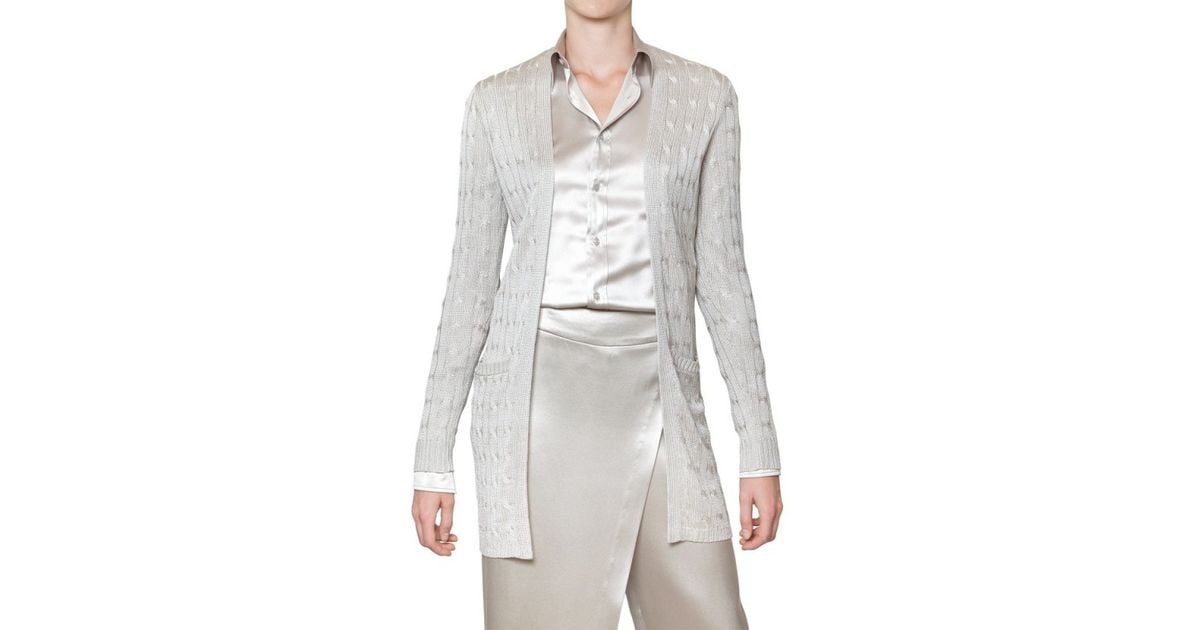 Ralph Lauren Black Label Silk Cable Knit Cardigan In Metallic Lyst