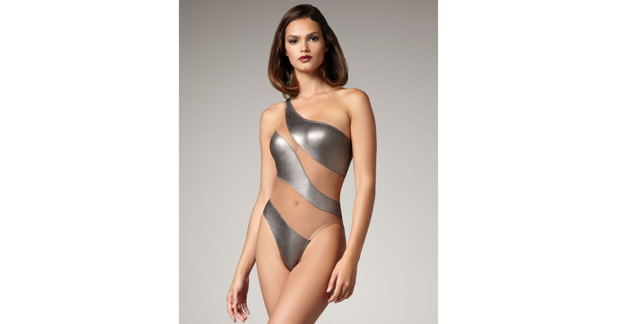 Norma Kamali Sheer Panel Swimsuit In Metallic Lyst