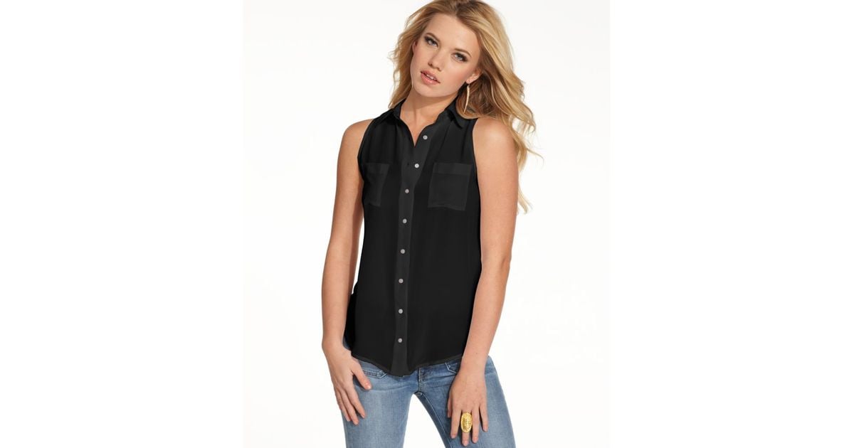 Guess Sleeveless Silk Simona Button Down Blouse In Black Lyst