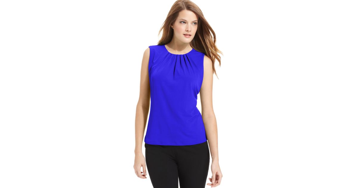 Calvin Klein Sleeveless Pleated Neck Blouse In Blue Lyst